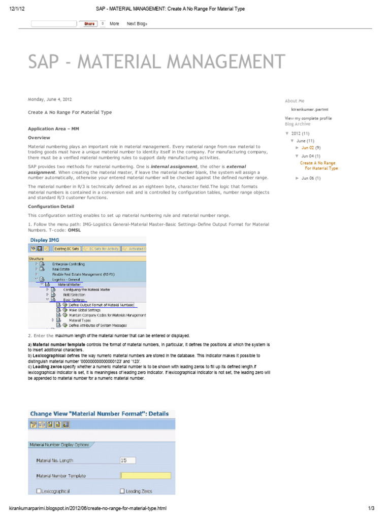 SAP - MATERIAL MANAGEMENT - Create A No Range For Material Type | PDF ...
