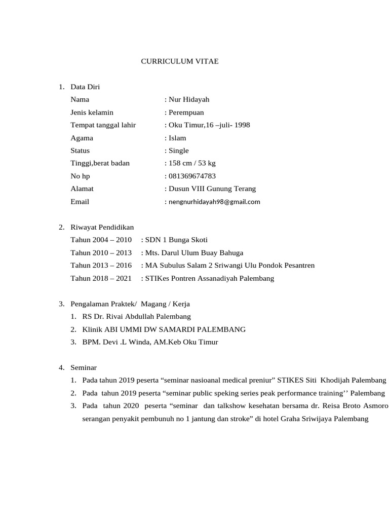 CV Nur Hidayah: Pendidikan & Pengalaman | PDF