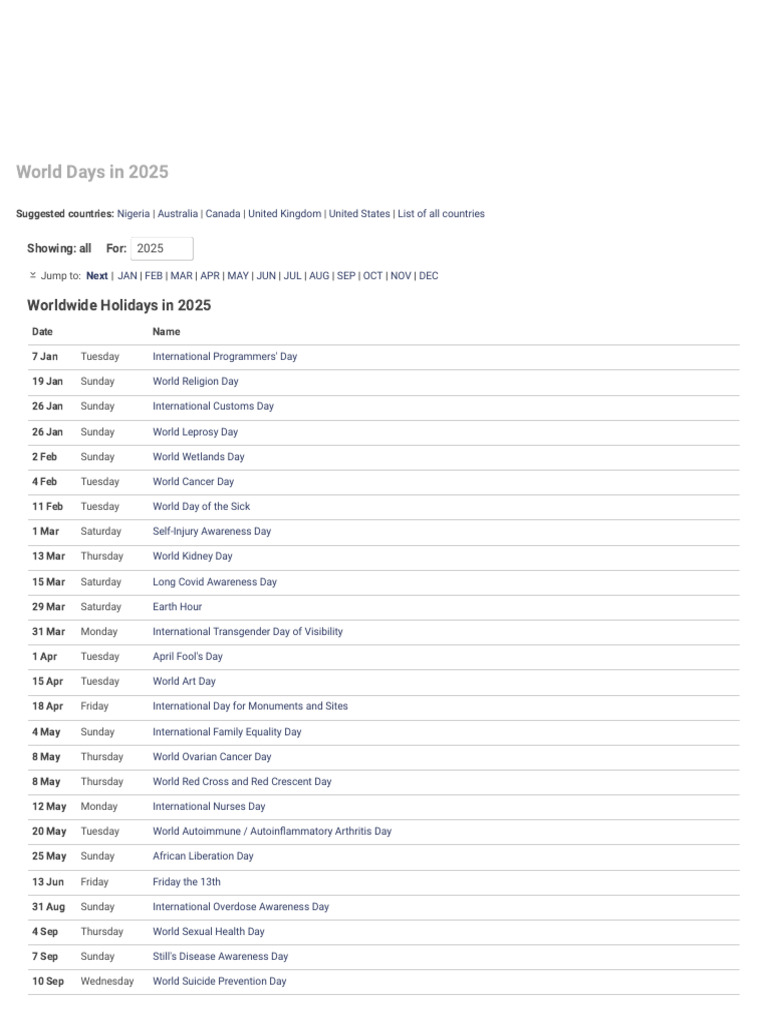 International Holidays Calendar 2025 | PDF