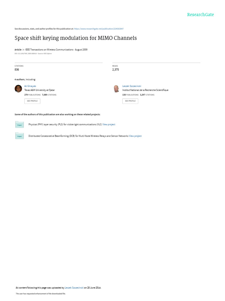Space Shift Keying Modulation For MIMO Channels | PDF | Mimo | Modulation