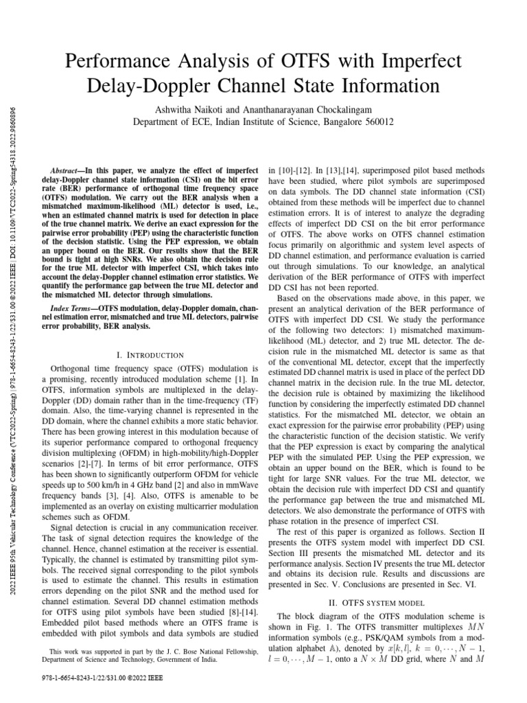 Performance Analysis of OTFS With Imperfect Delay-Doppler Channel State Information | PDF ...