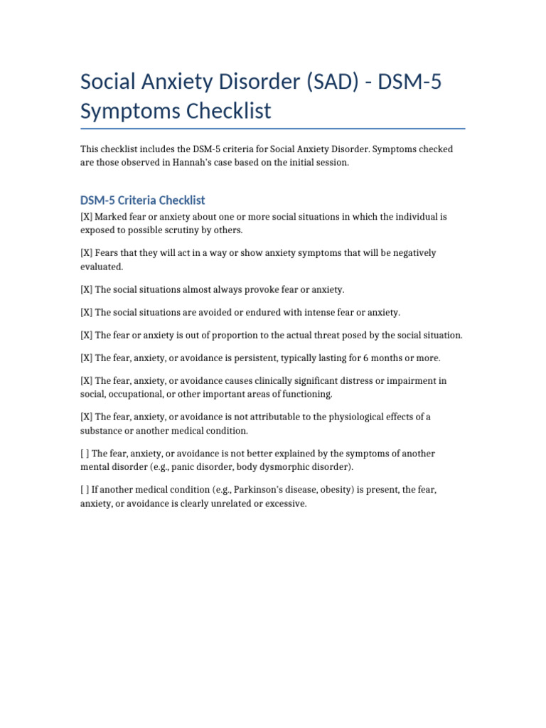 DSM-5 Social Anxiety Disorder Checklist | PDF