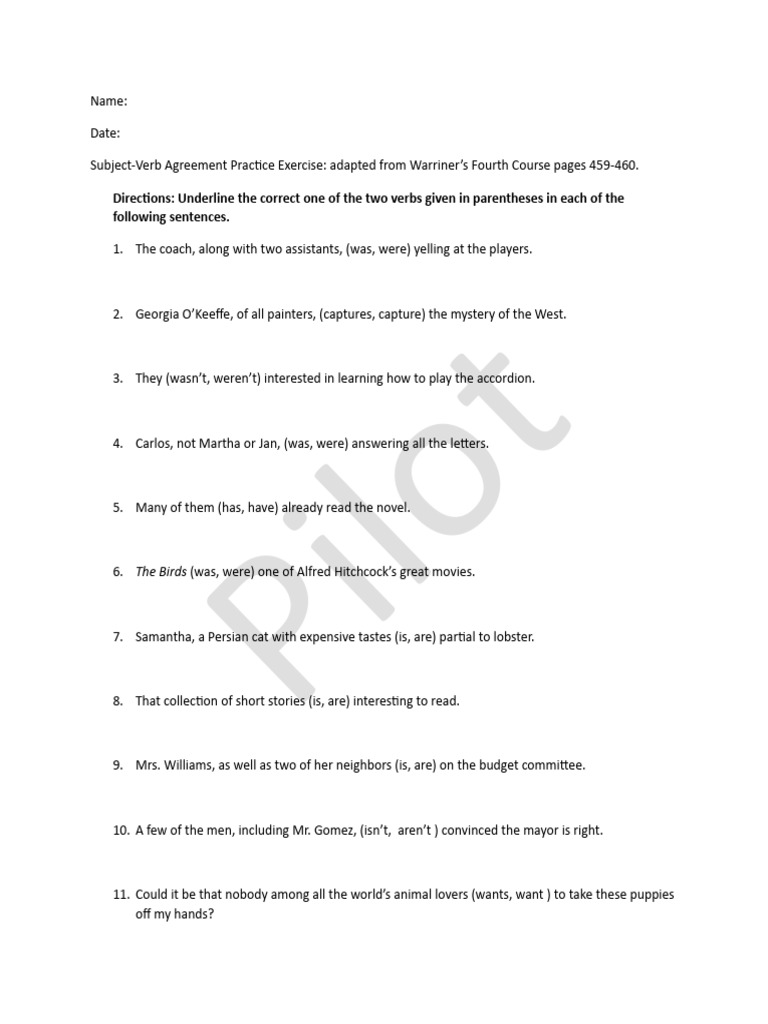 Subject-Verb Agreement Practice Exercise | PDF