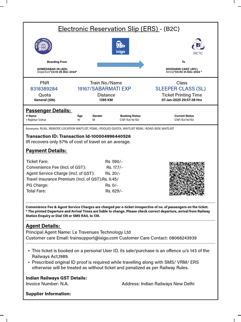 Electronic Reservation Slip (ERS) : 8318389284 19167/sabarmati Exp ...