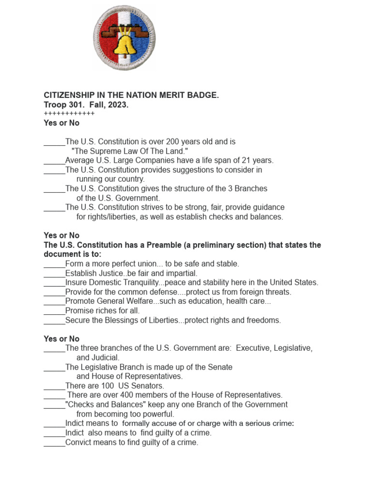 Citizenship in The Nation Quiz, Fall, 2023 PDF | PDF | Federal ...