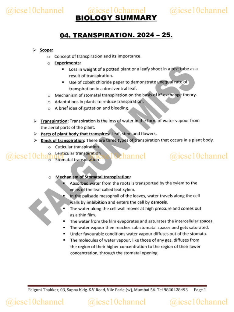BIO X ICSE Transpiration @icse10channel | PDF