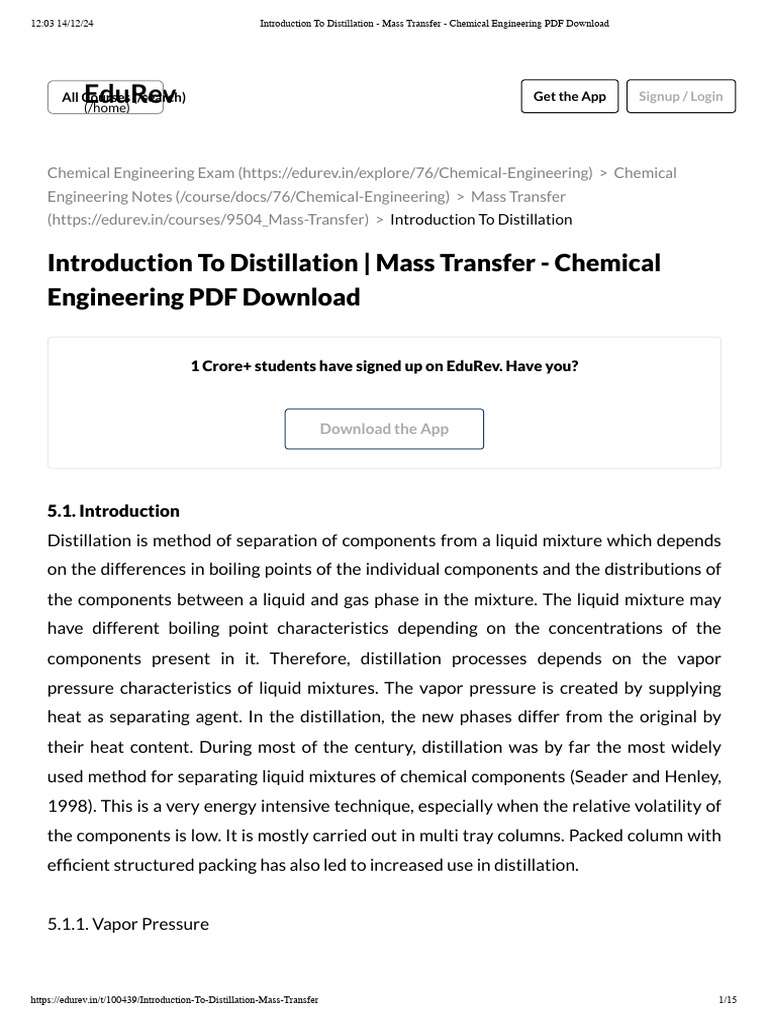 Introduction To Distillation - Mass Transfer - Chemical Engineering PDF Download | PDF | Phase ...
