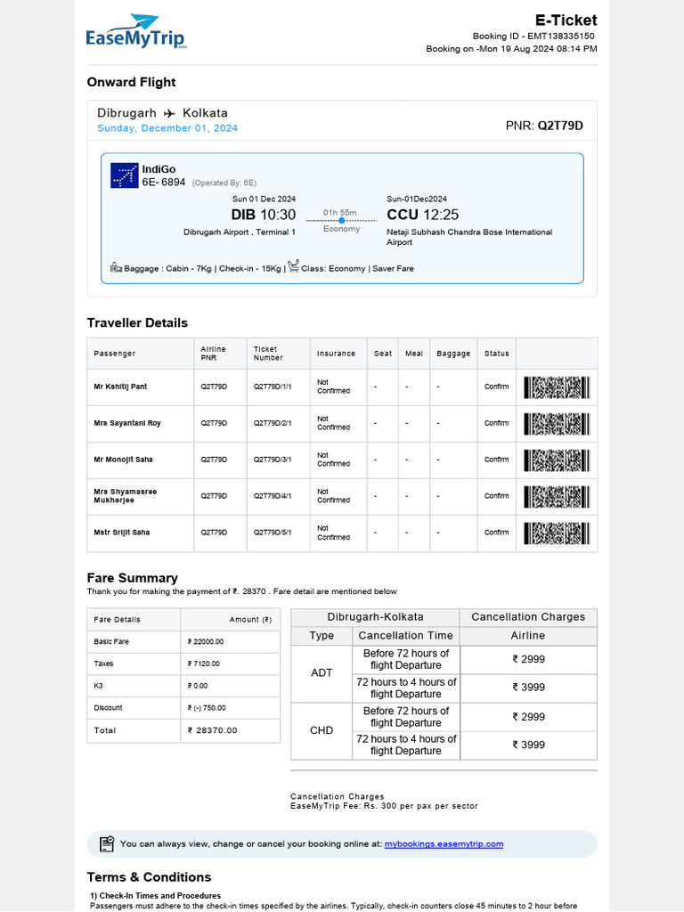 EaseMyTrip Flight E-Ticket For Flights - Compressed | PDF | Travel Visa