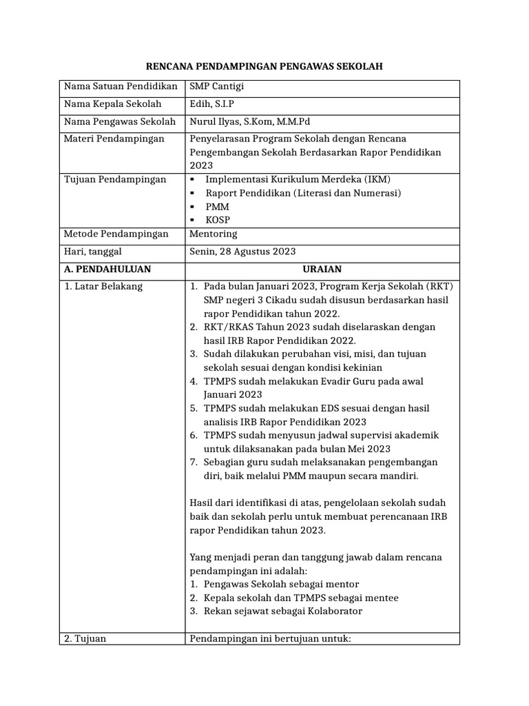 Rencana Pendampingan Pengawas - SMP Cantigi | PDF