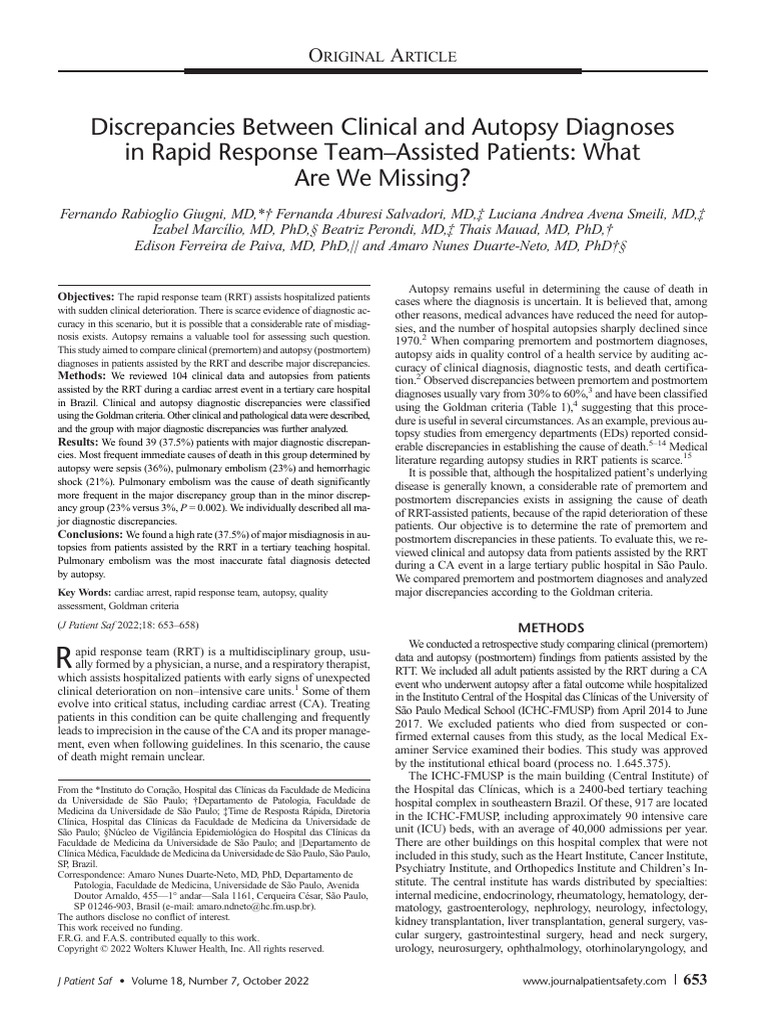 Discrepancies Between Clinical and Autopsy.1 | PDF | Medical Diagnosis ...