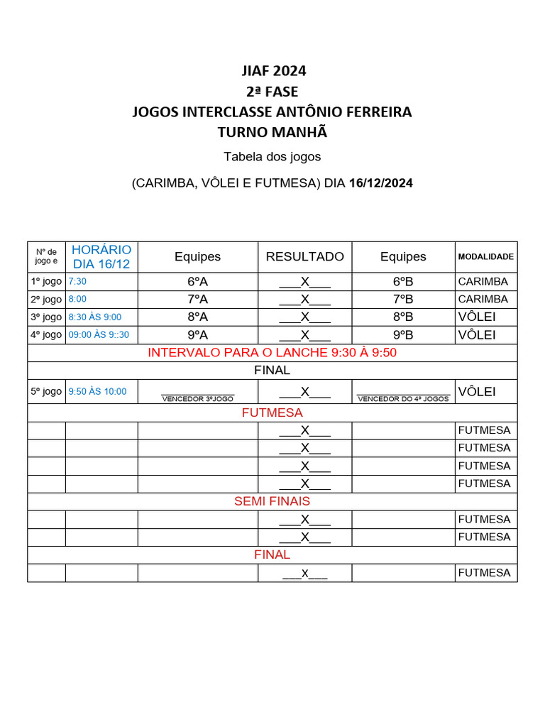 Tabela Jogos Interclasse 2024 Jiaf | PDF