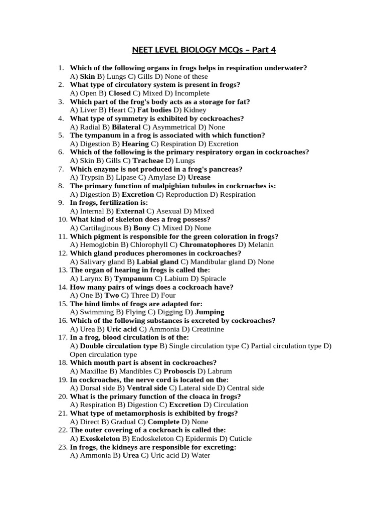 NEET Biology MCQs for Students | PDF | Frog