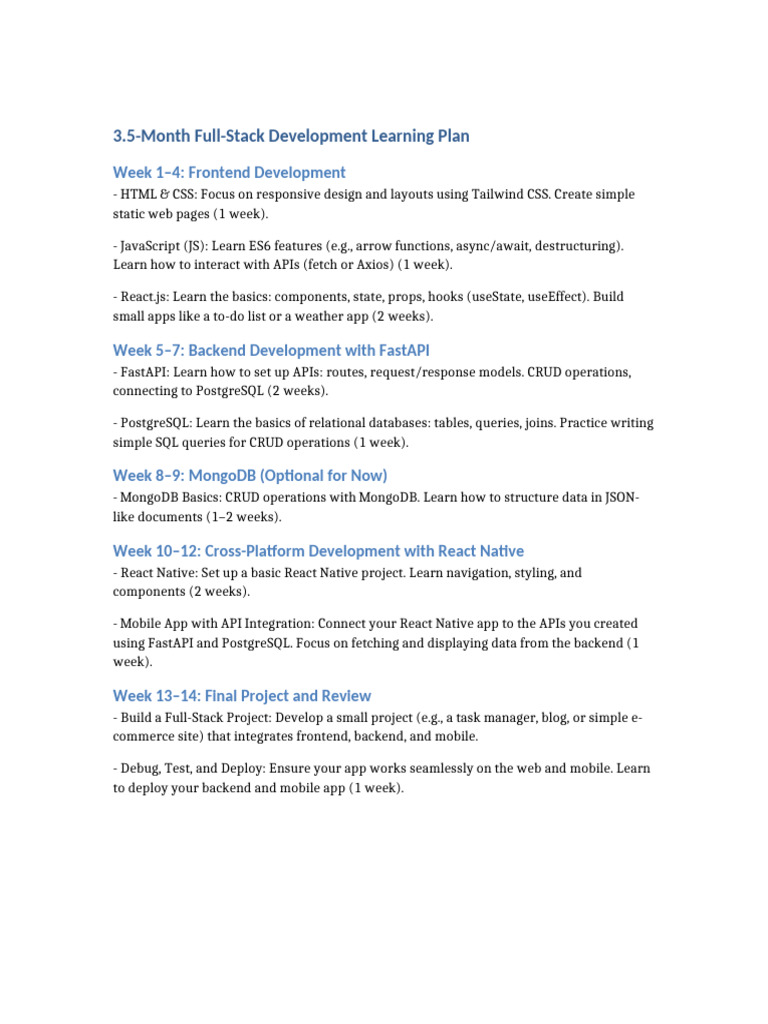 Full Stack Learning Plan 3 5 Months | PDF