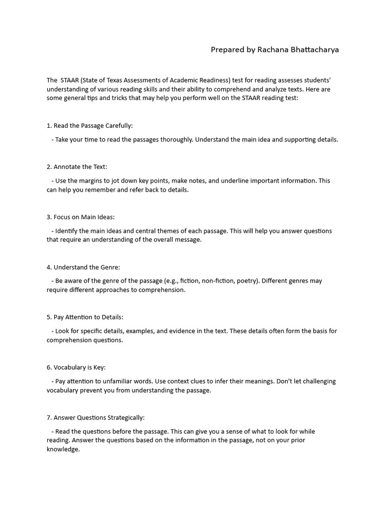STAAR Reading Test Success Tips | PDF | Reading Comprehension ...