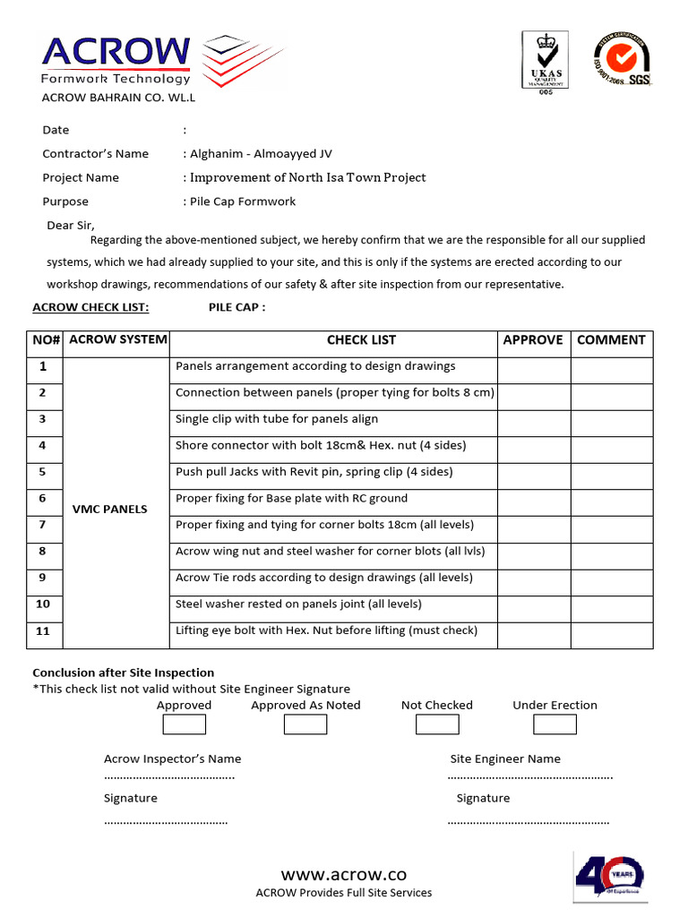 Pile Cap Inspection Check List | PDF