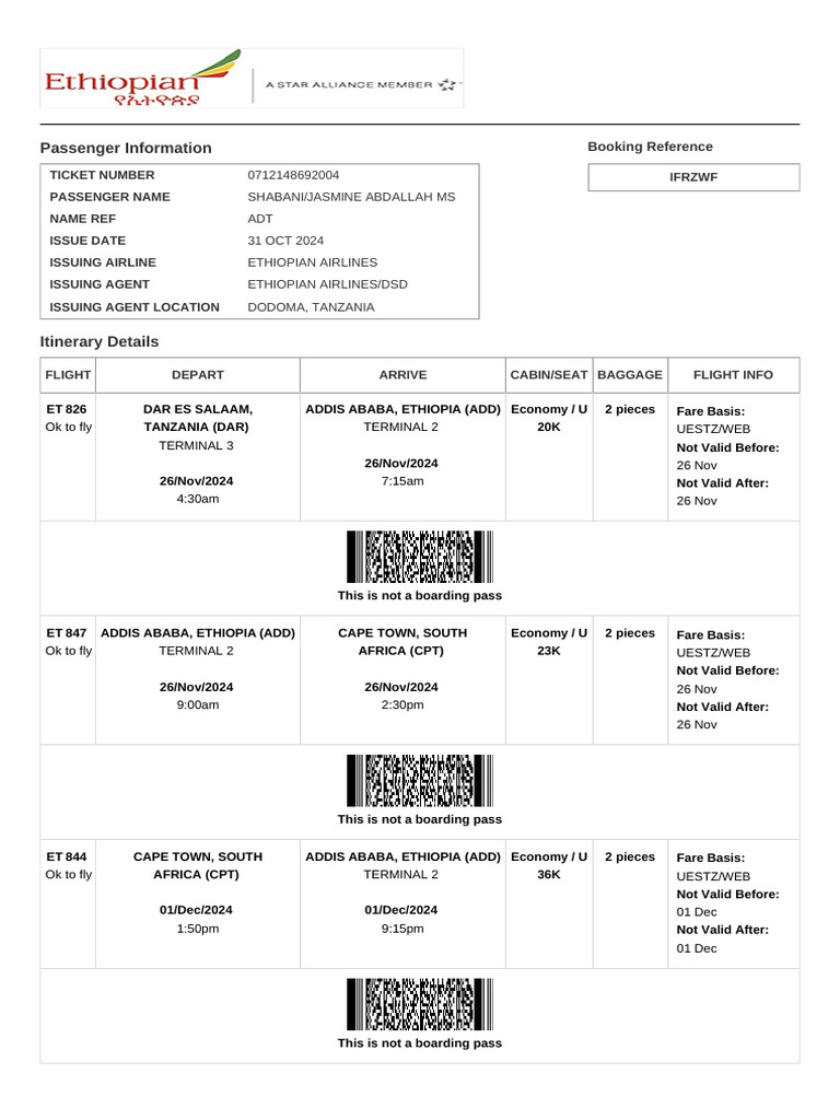 Electronic Ticket Receipt, November 26 For MS JASMINE ABDALLAH SHABANI ...