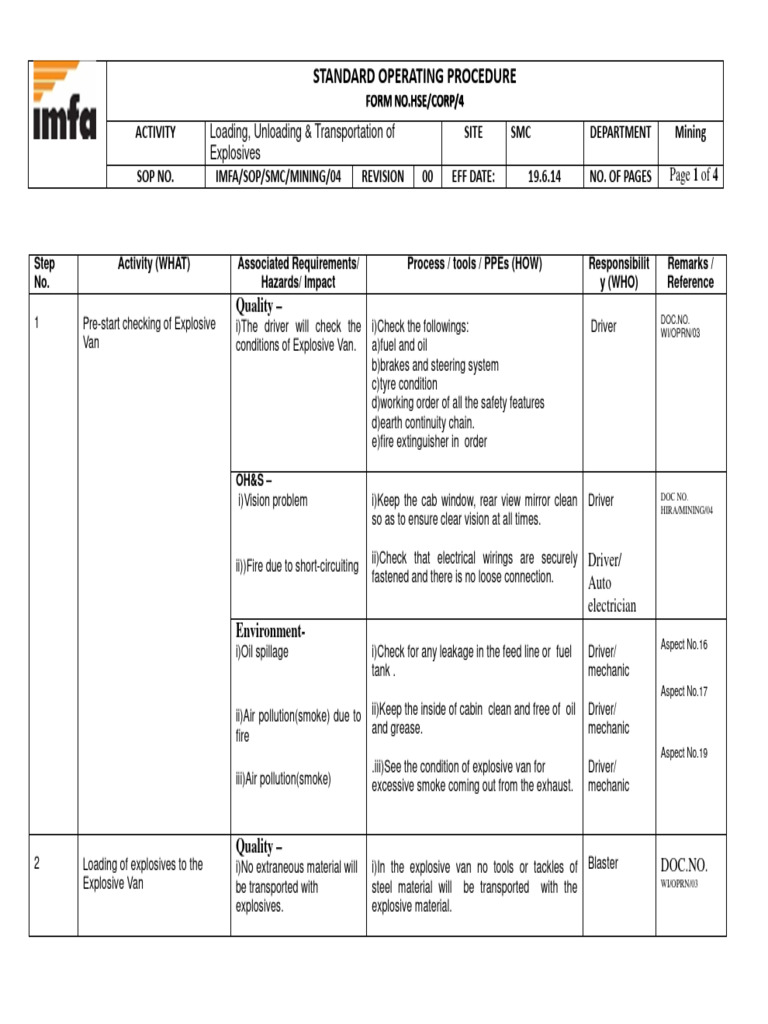 SOP-Loading, Unloading &transportaion of Explosives | PDF | Transport | Vehicles