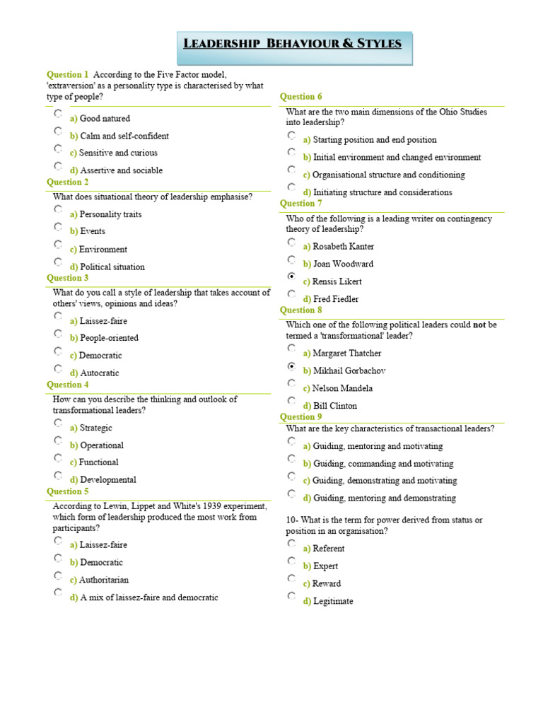 Leadership Styles Mcqs | PDF | Leadership | Organizational Behavior