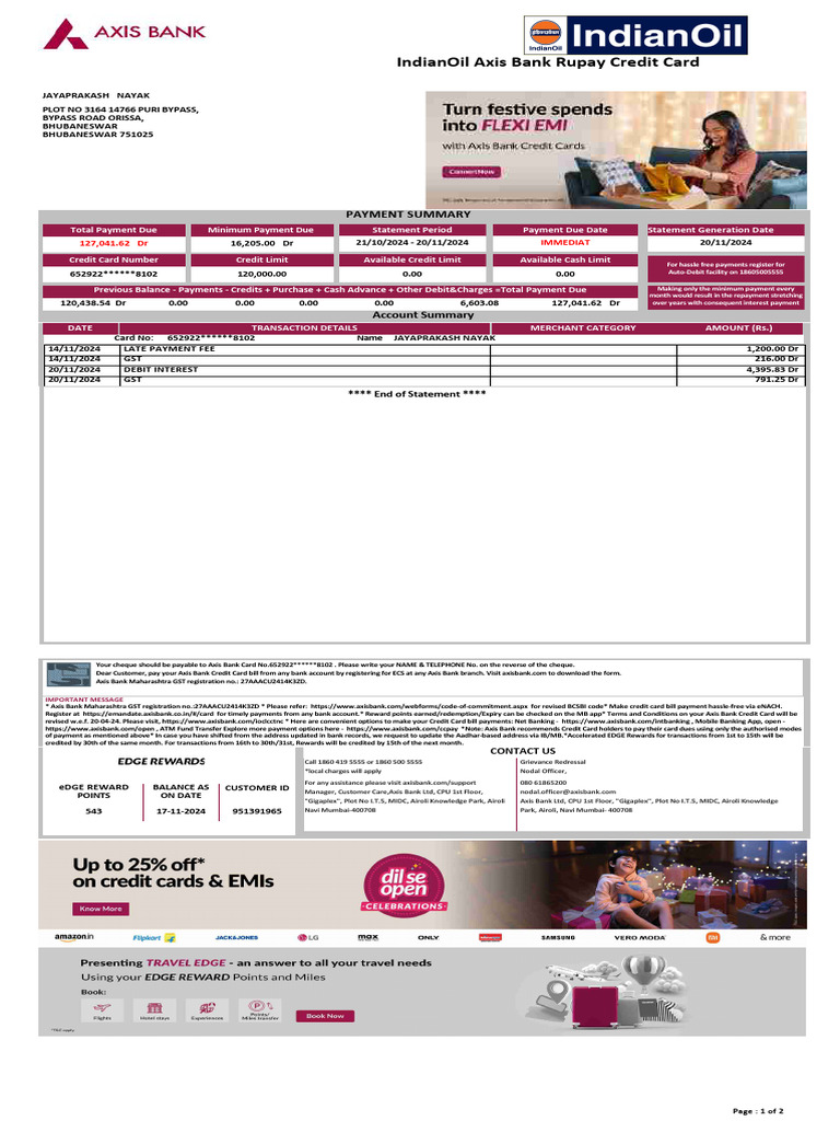 Axis Bank Credit Card Statement | PDF | Credit Card | Payments