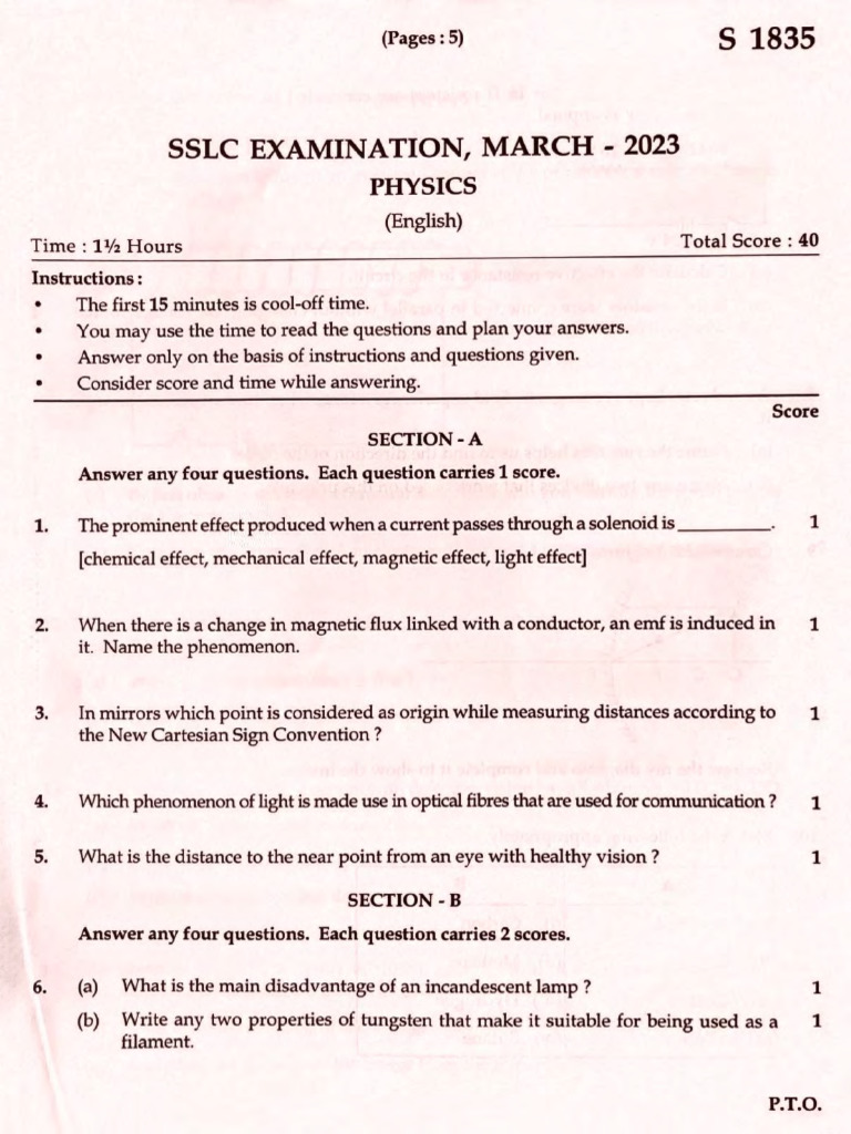 SSLC Final Exam March 2023 - PHYSICS Question Paper EM | PDF