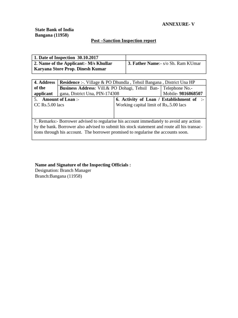 SBI Post-Sanction Inspection Report | PDF | Business | Financial Economics