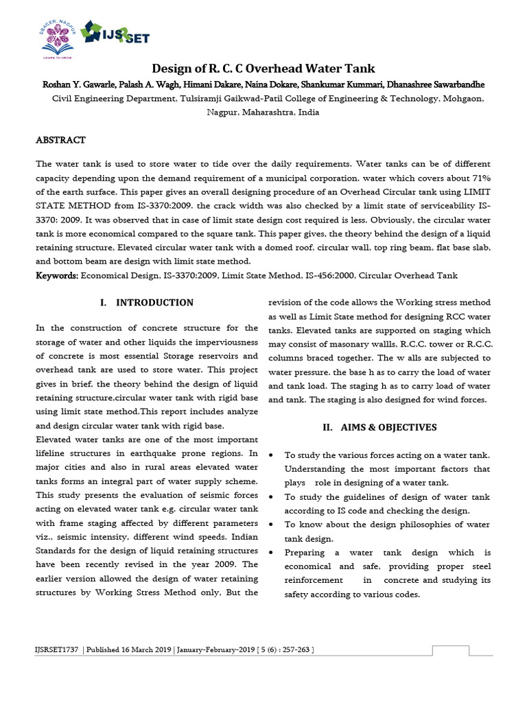 Design of R. C. C Overhead Water Tank | PDF | Concrete | Beam (Structure)