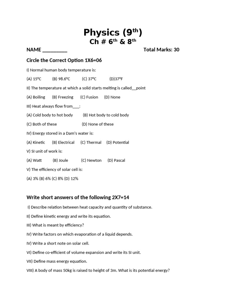 Physics 9th Class (CH 6+8) | PDF