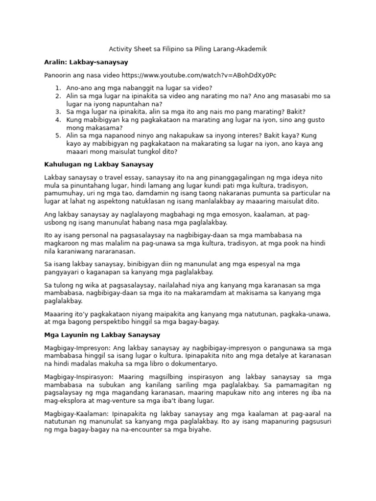 Activity Sheet Sa Lakbay Sanaysay | PDF