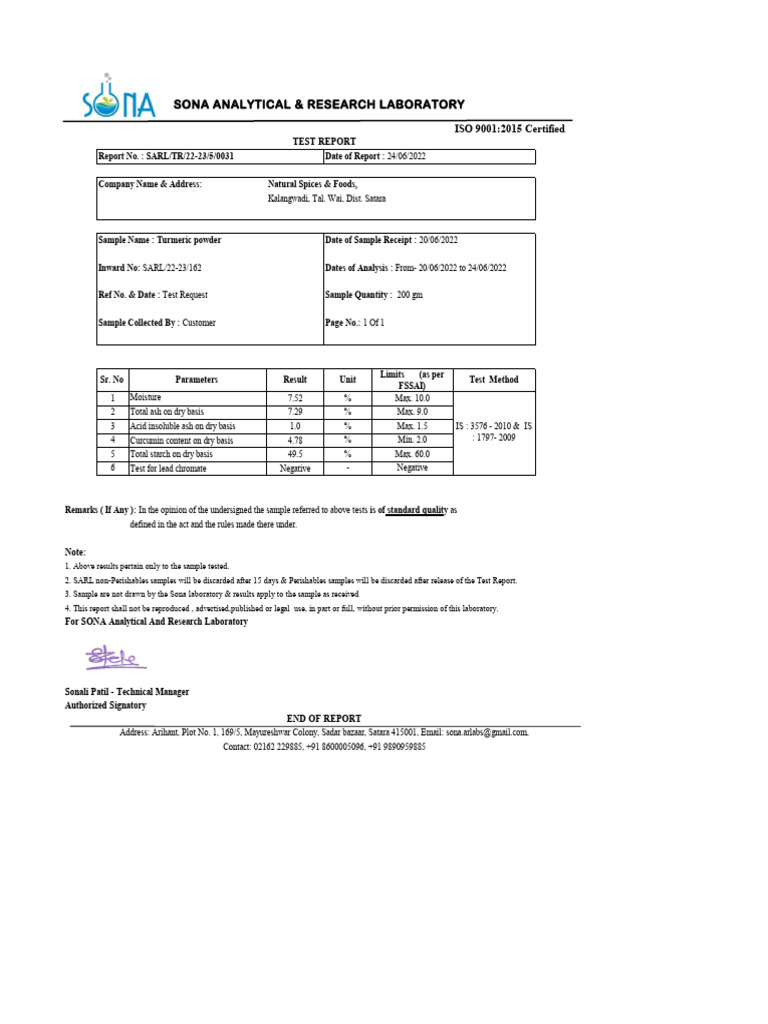 Turmeric Powder Test Results - Satara | PDF