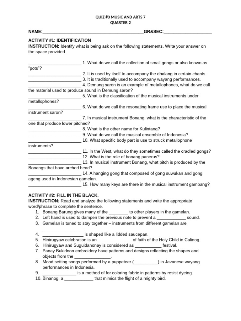 Woork Sheet 3 Music Arts 7 q2 | PDF