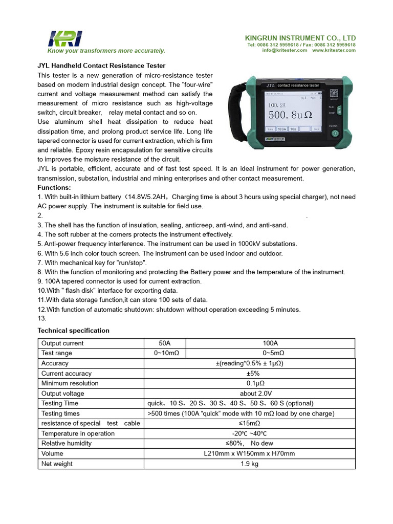 JYL Handheld Contact Resistance Tester SPEC | PDF | Electrical ...
