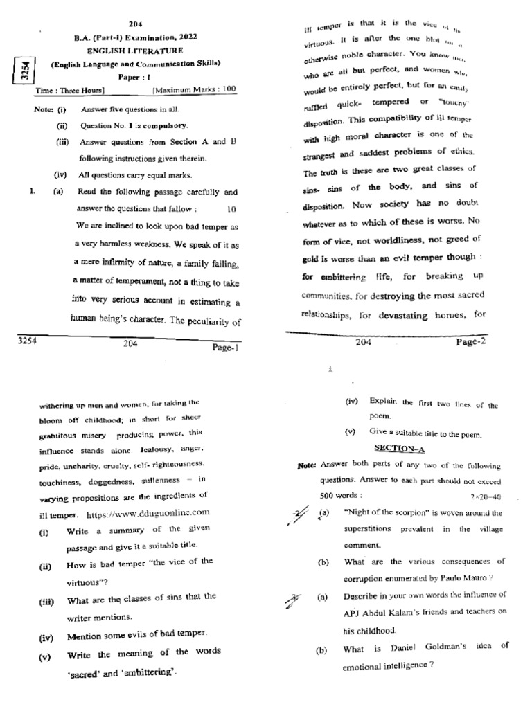 Ba Part 1 English Literature English Language and Communication Skills ...