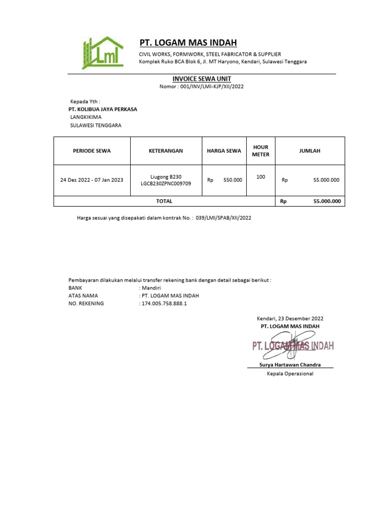 001 Invoice Sewa Alat Berat - Pt. Kolibua Jaya Perkasa | PDF