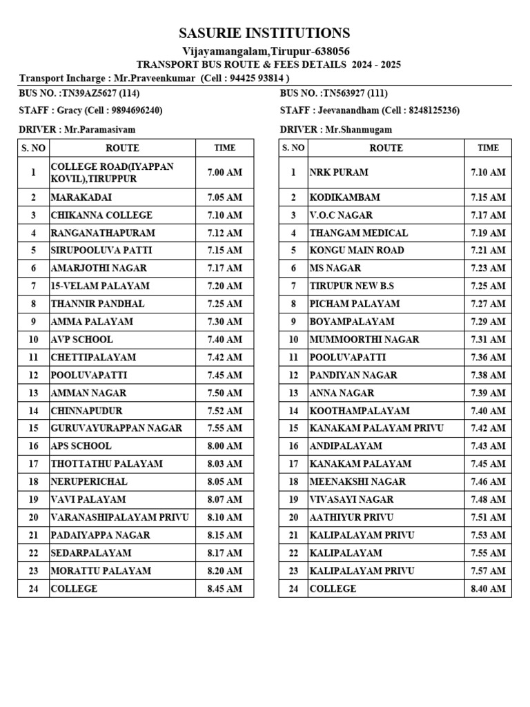 Bus Route& Timing 2024 - 2025 | PDF | Road Transport | Transport