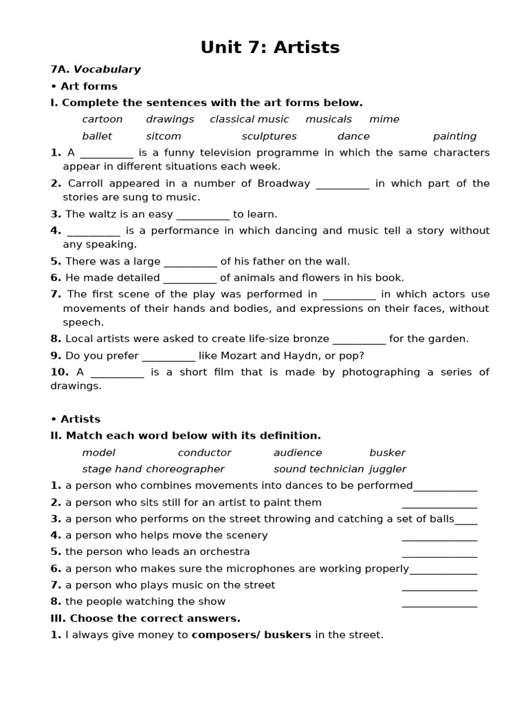Vocabulary and Activities for Artists | PDF | Song Structure | Songs