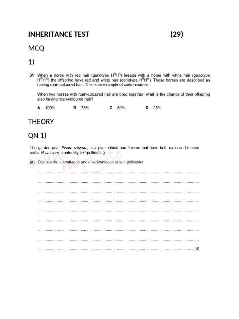 Inheritance Test MCQ Overview | PDF