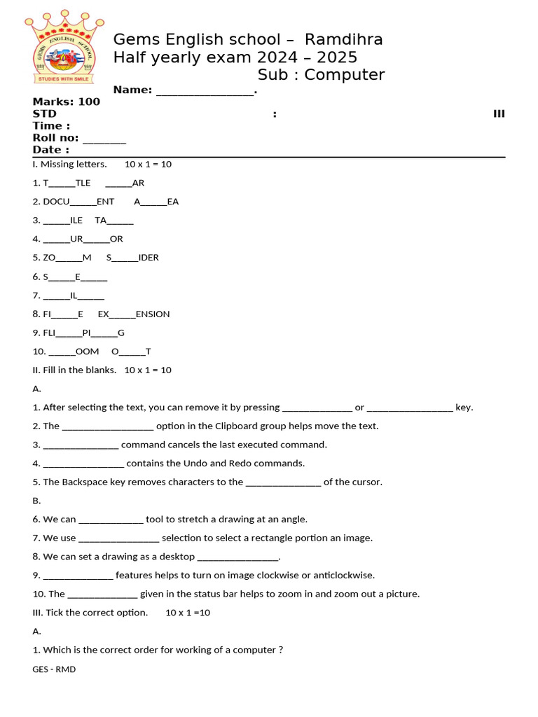 STD Iii Com Half Yearly 2024 | PDF | Cursor (User Interface) | Computing