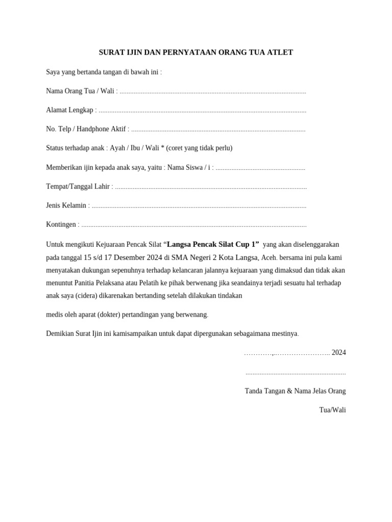 Surat Ijin Dan Pernyataan Orang Tua Atlet | PDF