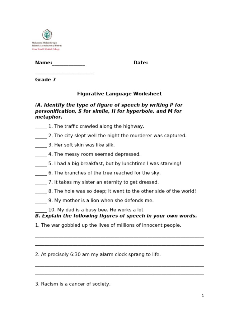 Figurative Language Worksheet | PDF