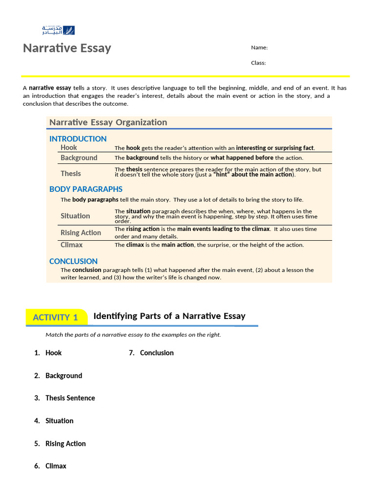 Narrative Essay Worksheet Grade 9 | PDF | Essays | Paragraph