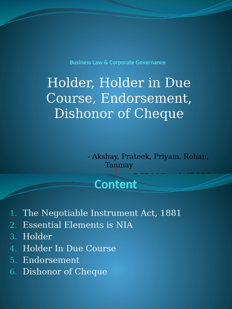 Presentataion - Holder, Holder in Due Course, Endorsement, Dishonour of ...