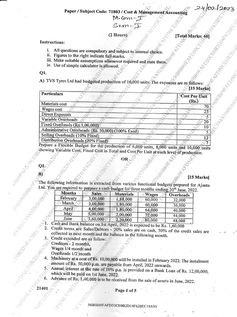 MCOM SEM 1 Cost and Management Accounting Question Paper - Feb 2023 | PDF