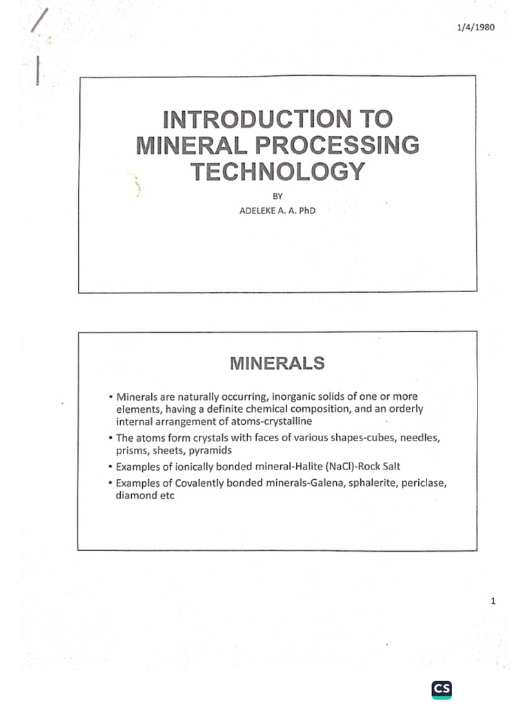 Introduction To Mineral Processing Technology | PDF