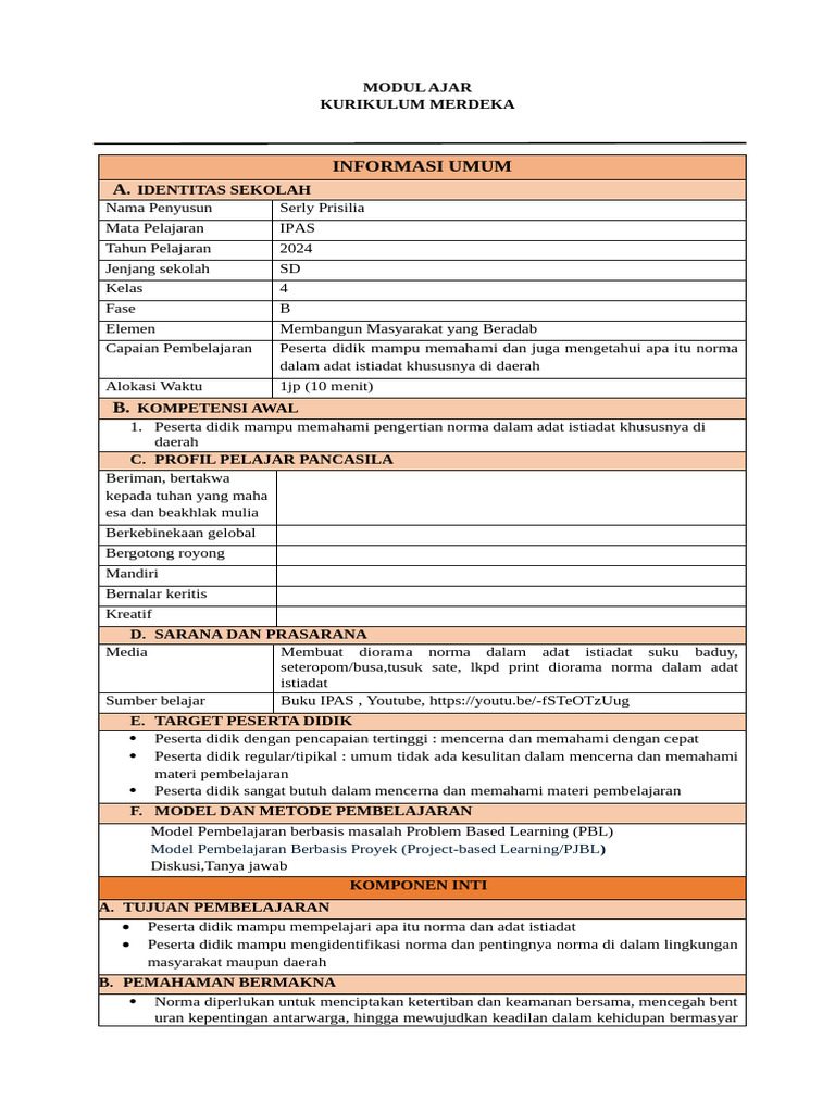 RPP Modul Ajar IPAS KELAS 4 KURMER 2024 (Pa Bali) | PDF
