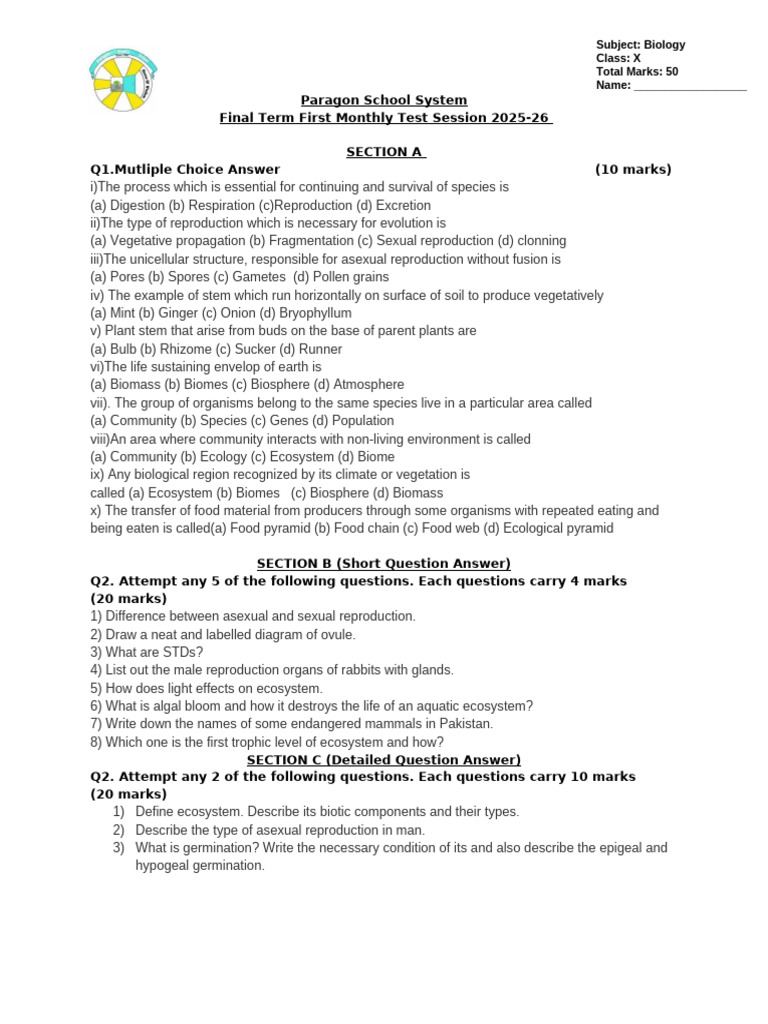 10 Biology Monthly Test Paper (FT) | PDF | Reproduction | Botany