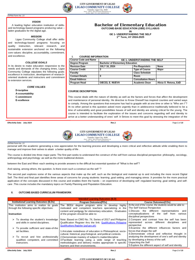 GE 1 Understanding The Self Revised | PDF | Self | Learning