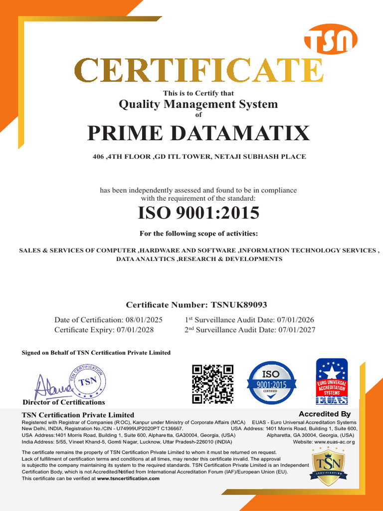 ISO 9001:2015 Certification for Prime Datamatix | PDF | Regulation | Quality Management