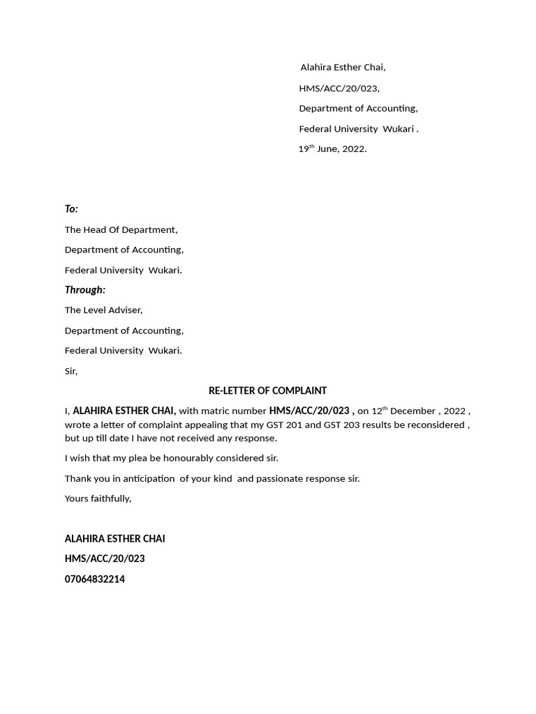 Re-Letter of Complaint Alahira Esther Chai, HMS/ACC/20/023 | PDF