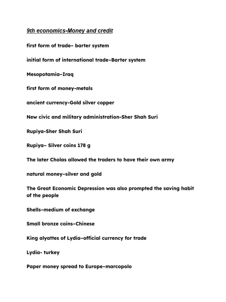 9th Economics-Money and Credit | PDF