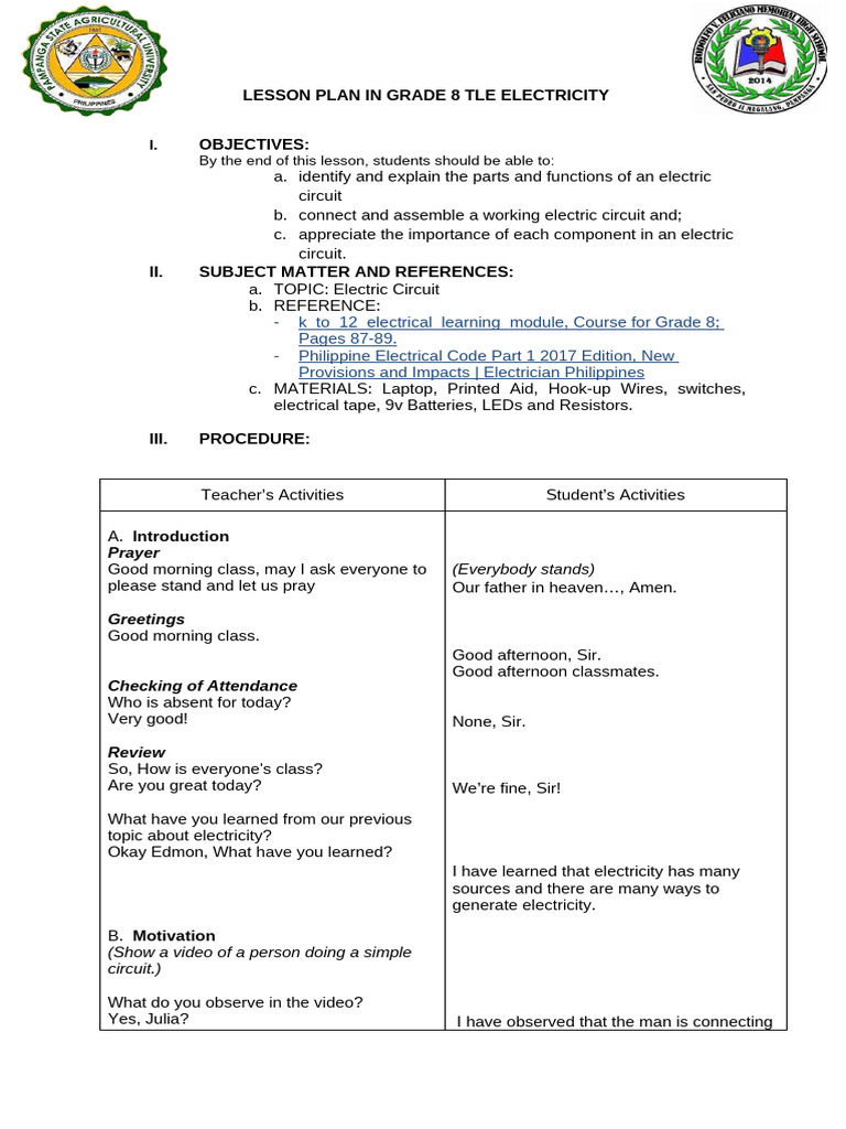 Grade 8 TLE Electric Circuit Lesson | PDF | Electric Current | Electricity